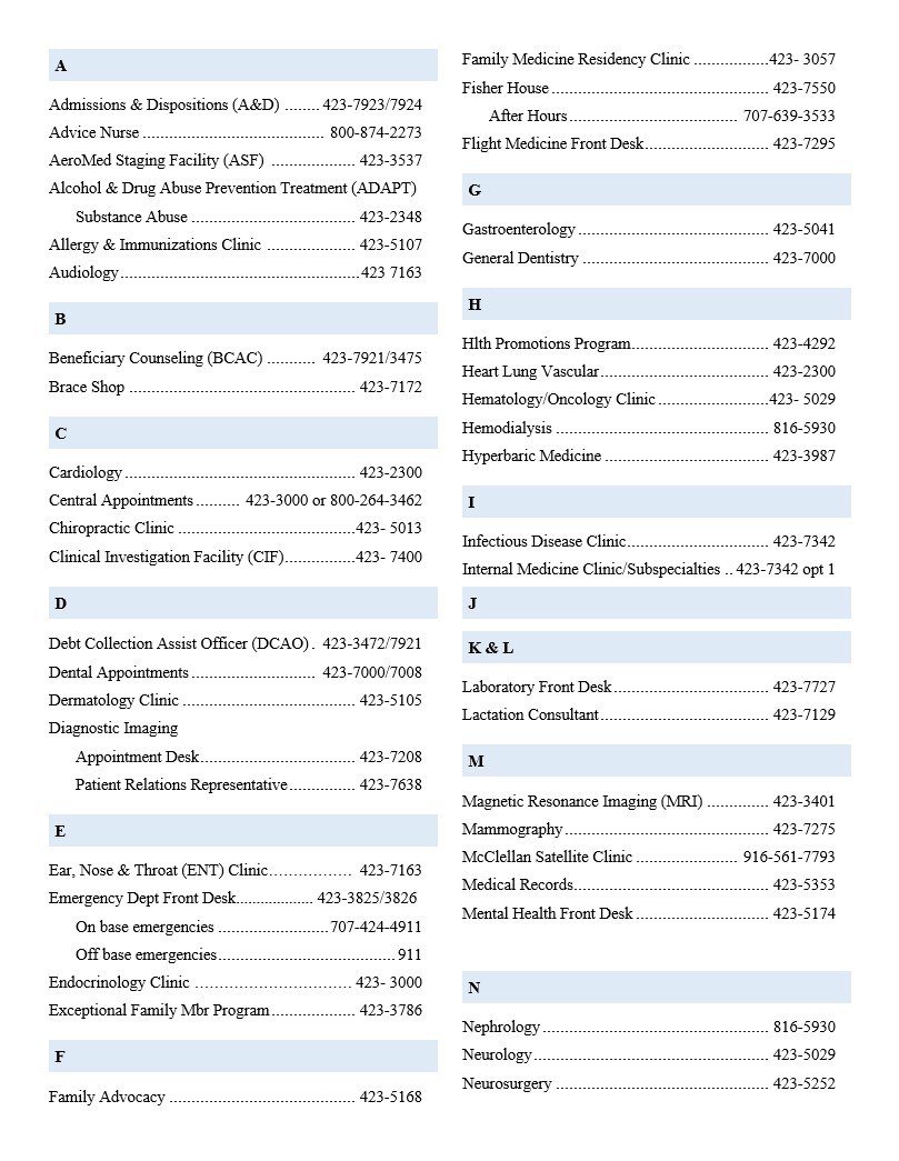 60th Medical Group - Travis Air Force Base > About Us > Facility Directory